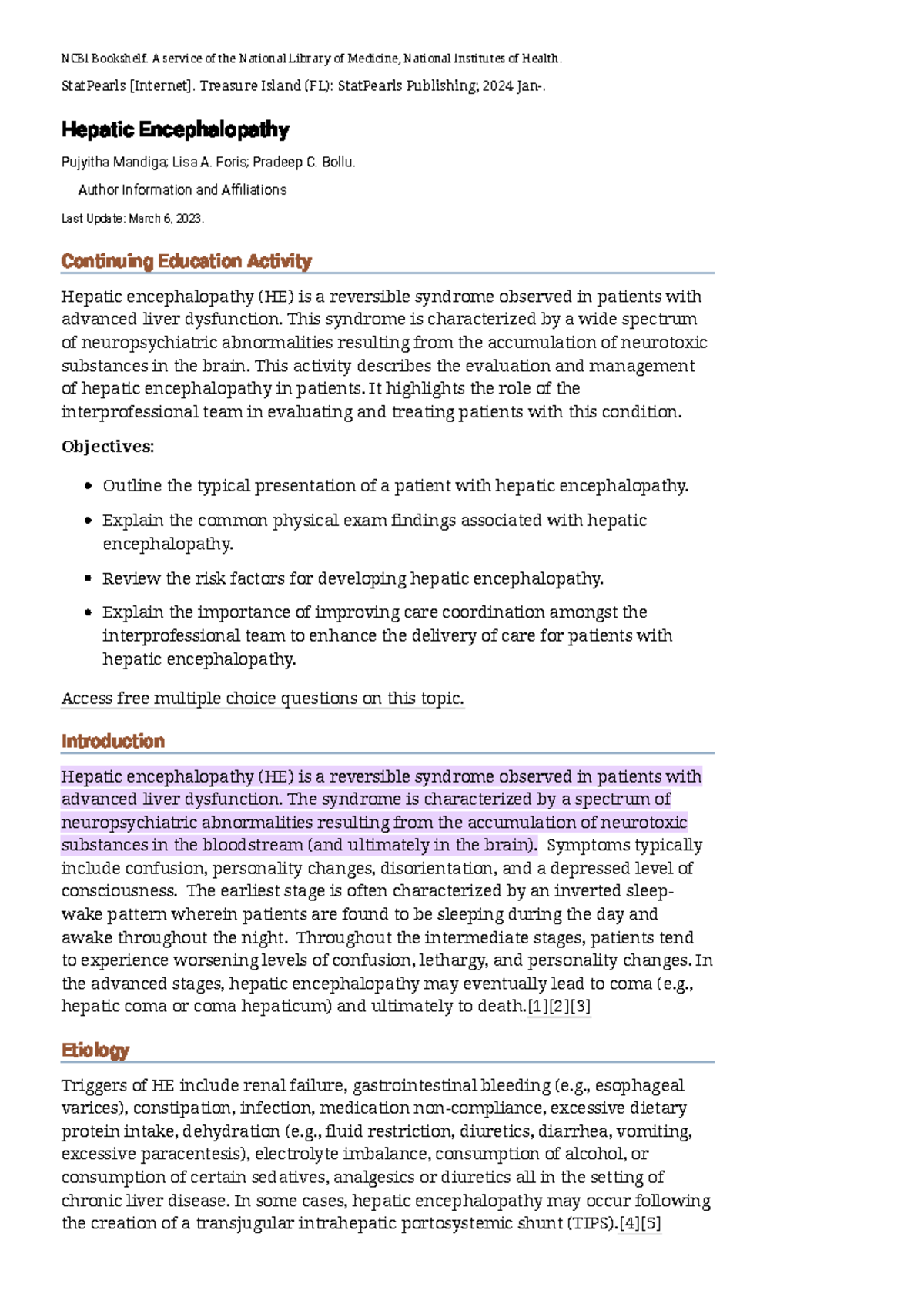 Hepatic Encephalopathy - Stat Pearls - NCBI Bookshelf - NCBI Bookshelf ...