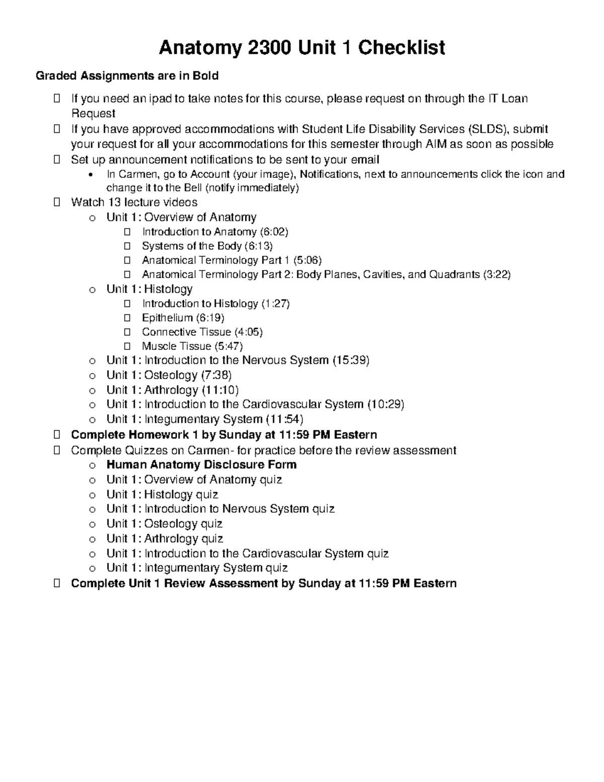 ANAT 2300 Unit 1 Checklist - Anatomy 2300 Unit 1 Checklist Graded Assignments are in Bold If you ...
