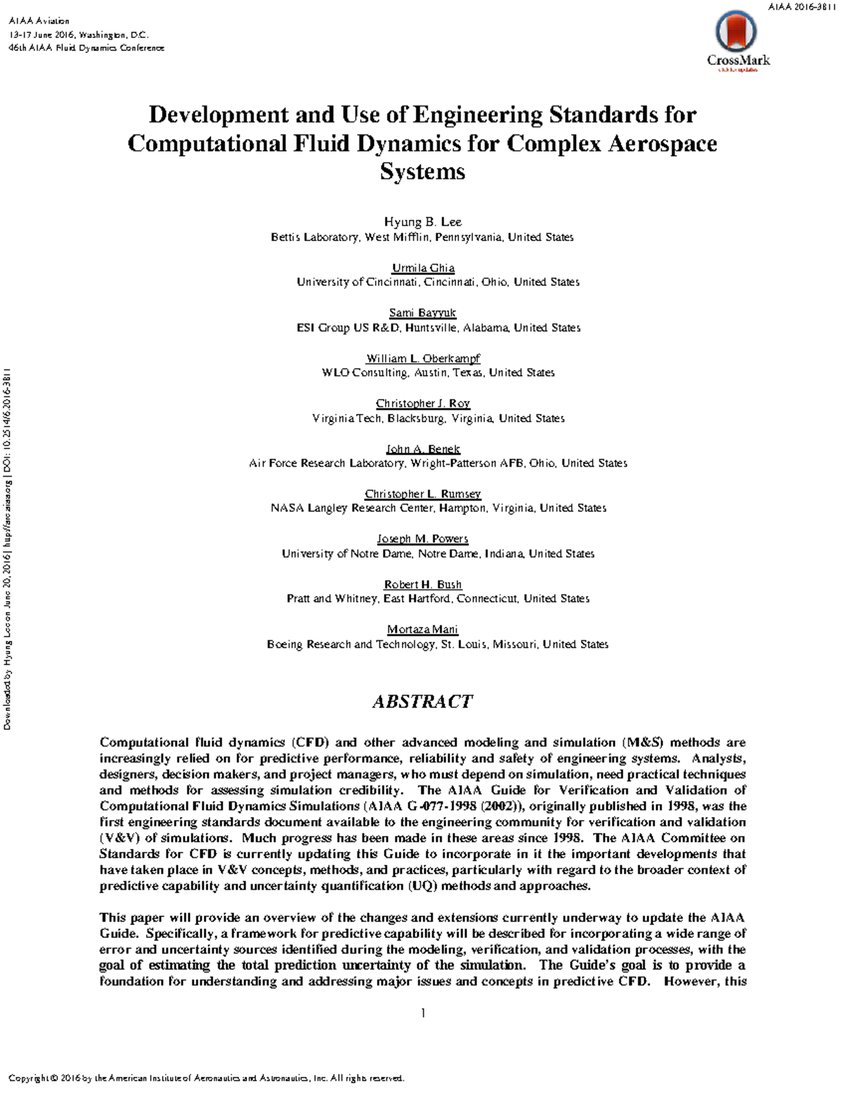 Aiaa Development And Use Of Engineering Standards For Computational Fluid Dynamics 1