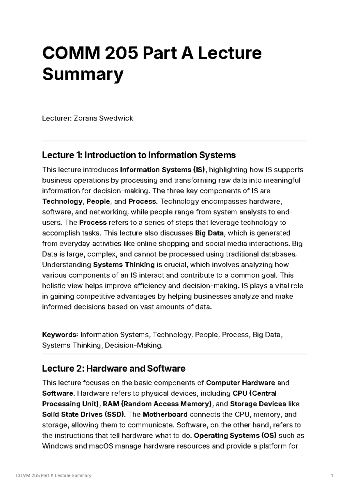 Lecture Summary Comm 205 Part A Lecture Summary Lecturer Zorana Swedwick Lecture 1