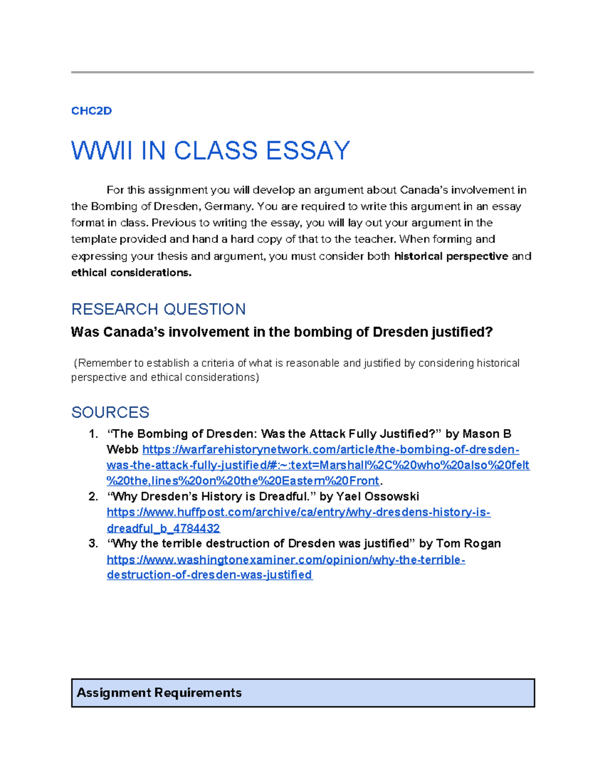 WWII In-Class Essay - Copy - CHC2D WWII IN CLASS ESSAY For this ...