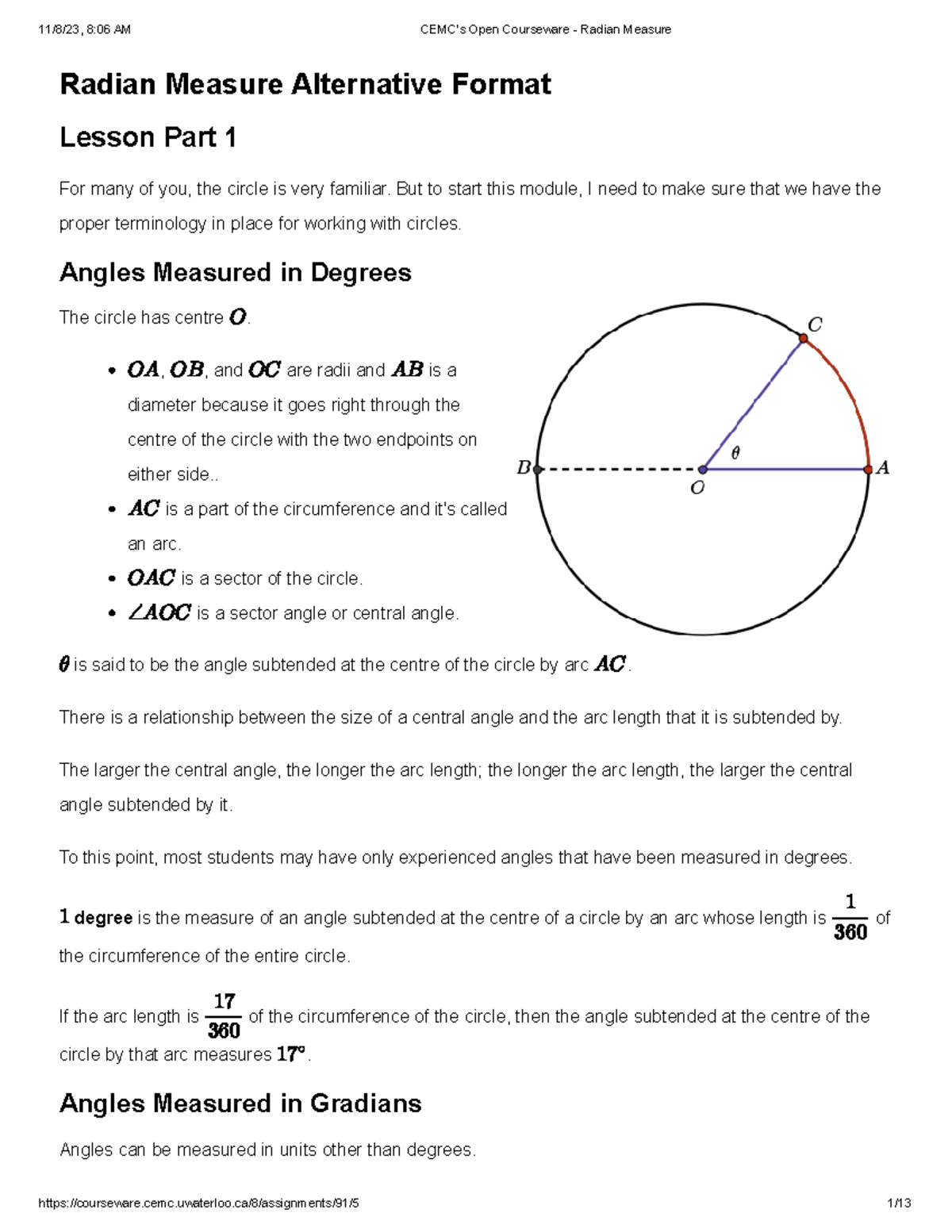 CEMC's Open Courseware - Radian Measure - Radian Measure Alternative ...