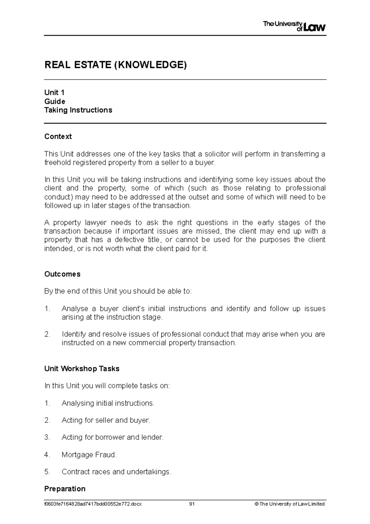 Workshop 1 Guide - REAL ESTATE (KNOWLEDGE) Unit 1 Guide Taking ...
