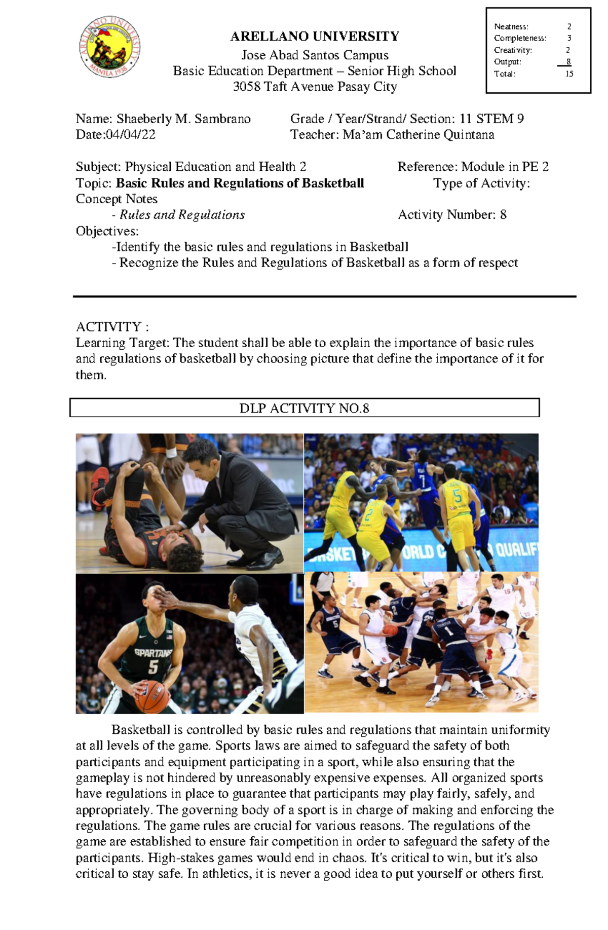 L08 Basic Rules AND Regulation OF Basketball - ARELLANO UNIVERSITY Jose ...