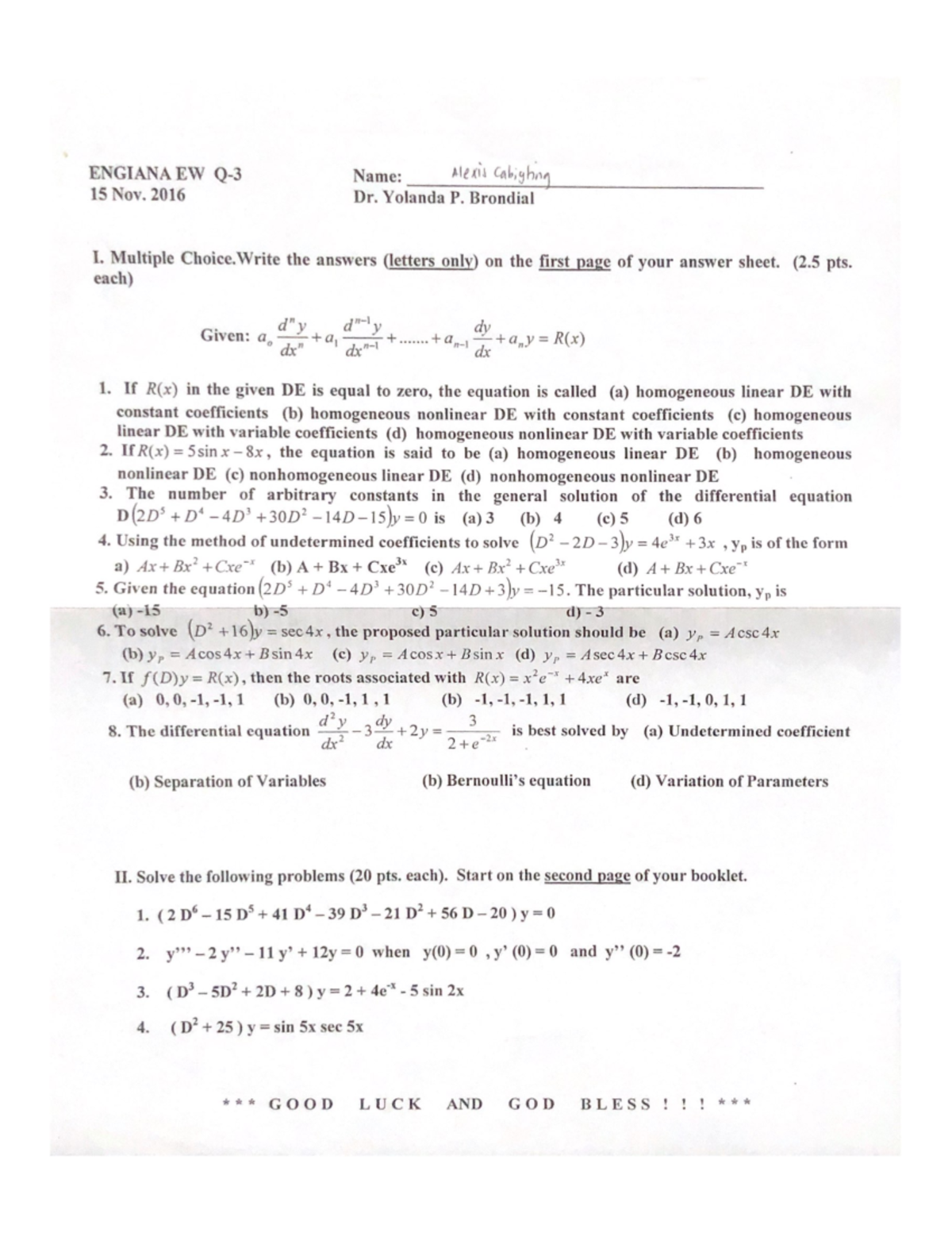 Differential Equation Quiz3 - Bachelor of Science in Civil Engineering ...