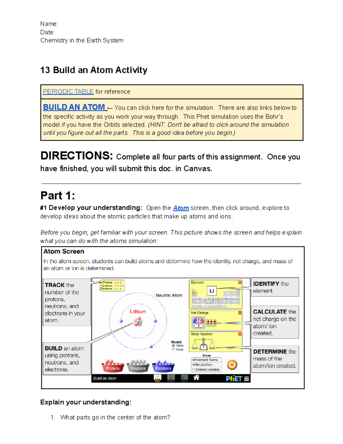 Copy of 13 Build an Atom (Phet) - Name: Date: Chemistry in the Earth ...