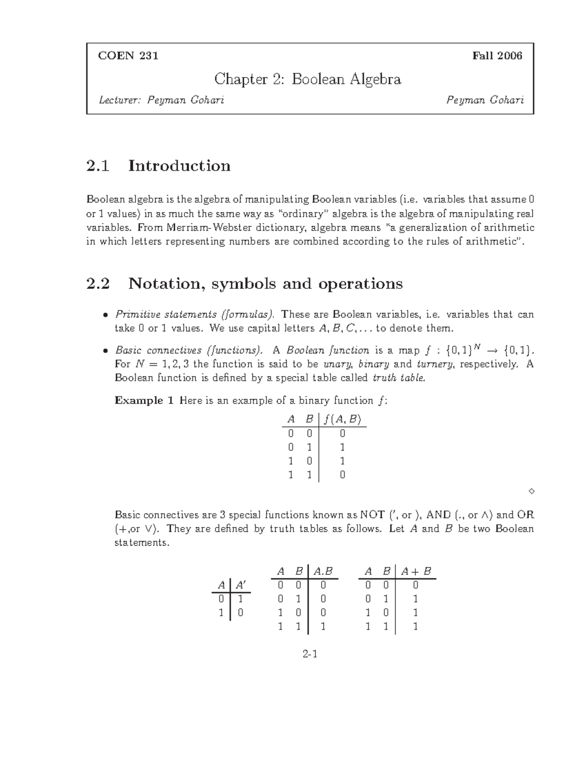 2 - COEN 231 chapter 2 - COEN 231 Fall 2006 Chapter 2: Boolean Algebra Lecturer: Peyman Gohari ...
