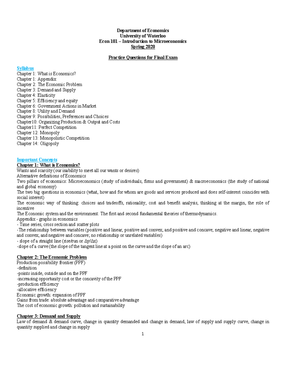 Econ 101 - Final Exam Practice - Department of Economics University of ...