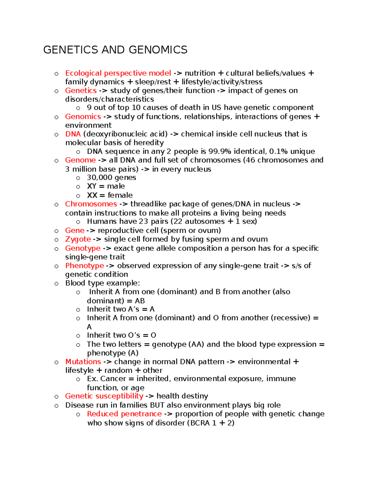 Genetics + genomics Notes - NURS 251 - SLU - Studocu