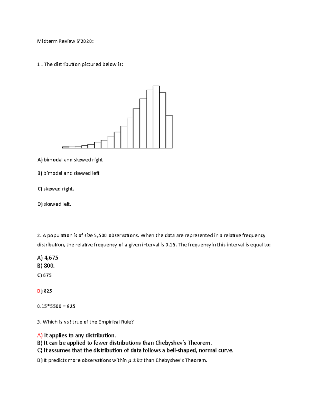 Midterm Review questions - Midterm Review S’2020: The distribution ...