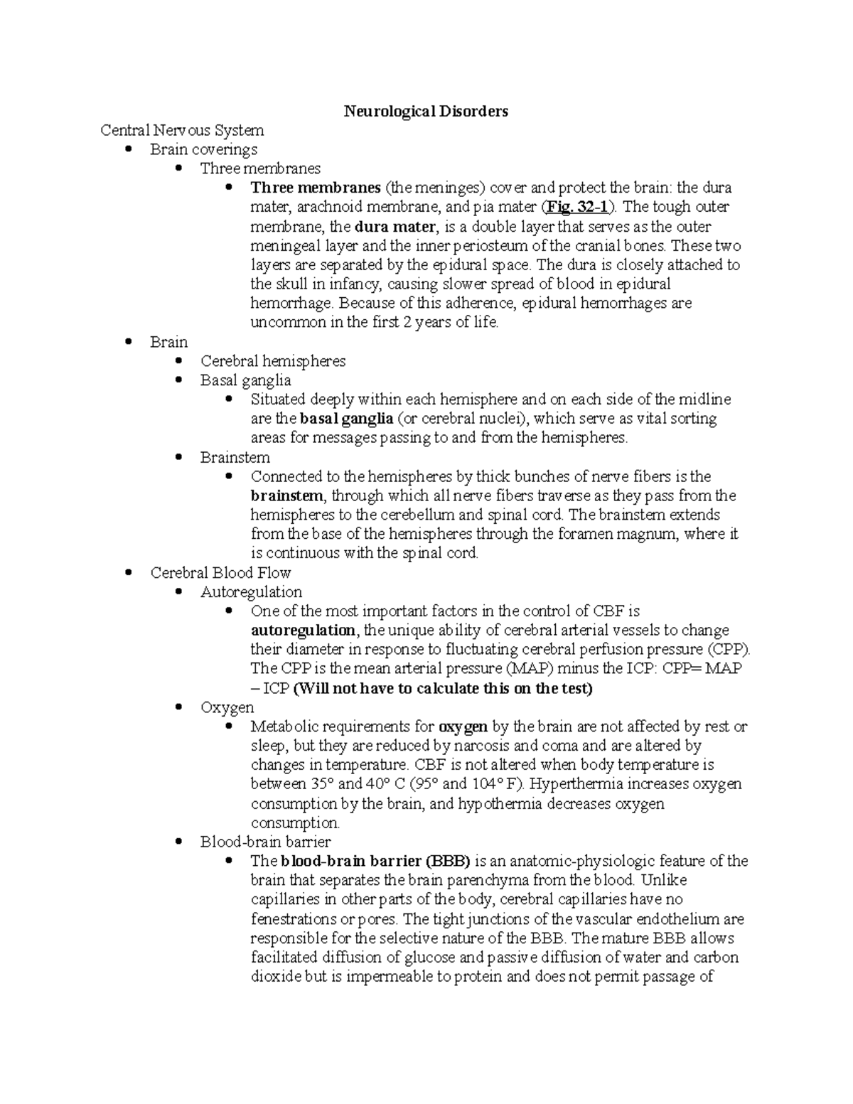 Neurological Disorders Outline - Neurological Disorders Central Nervous ...