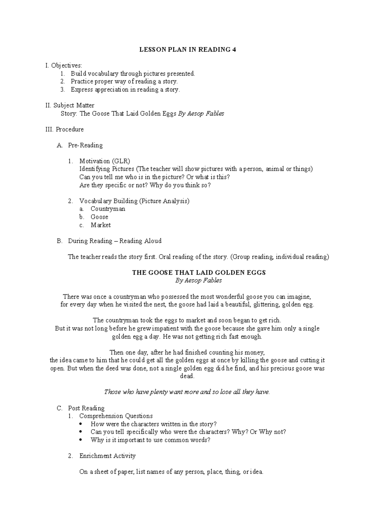 Golden eggs lesson plan - LESSON PLAN IN READING 4 I. Objectives: 1 ...