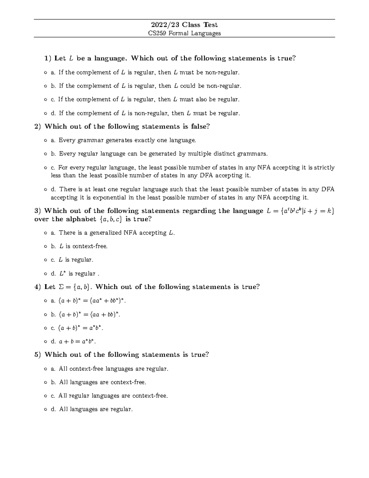 CS259 Class test - 2022/23 Class Test CS259 Formal Languages 1) Let L ...