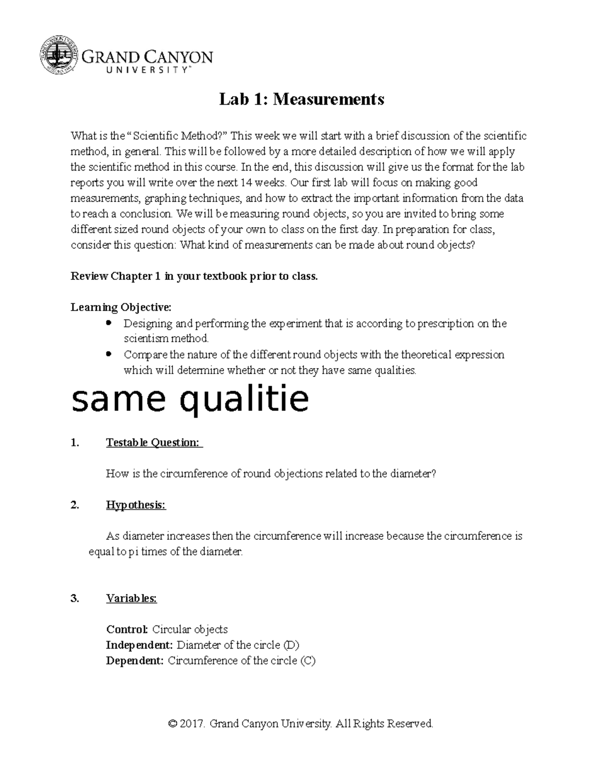 PHY-111 Lab 1 - lab 1 - Lab 1: Measurements What is the “Scientific Method?” This week we will ...