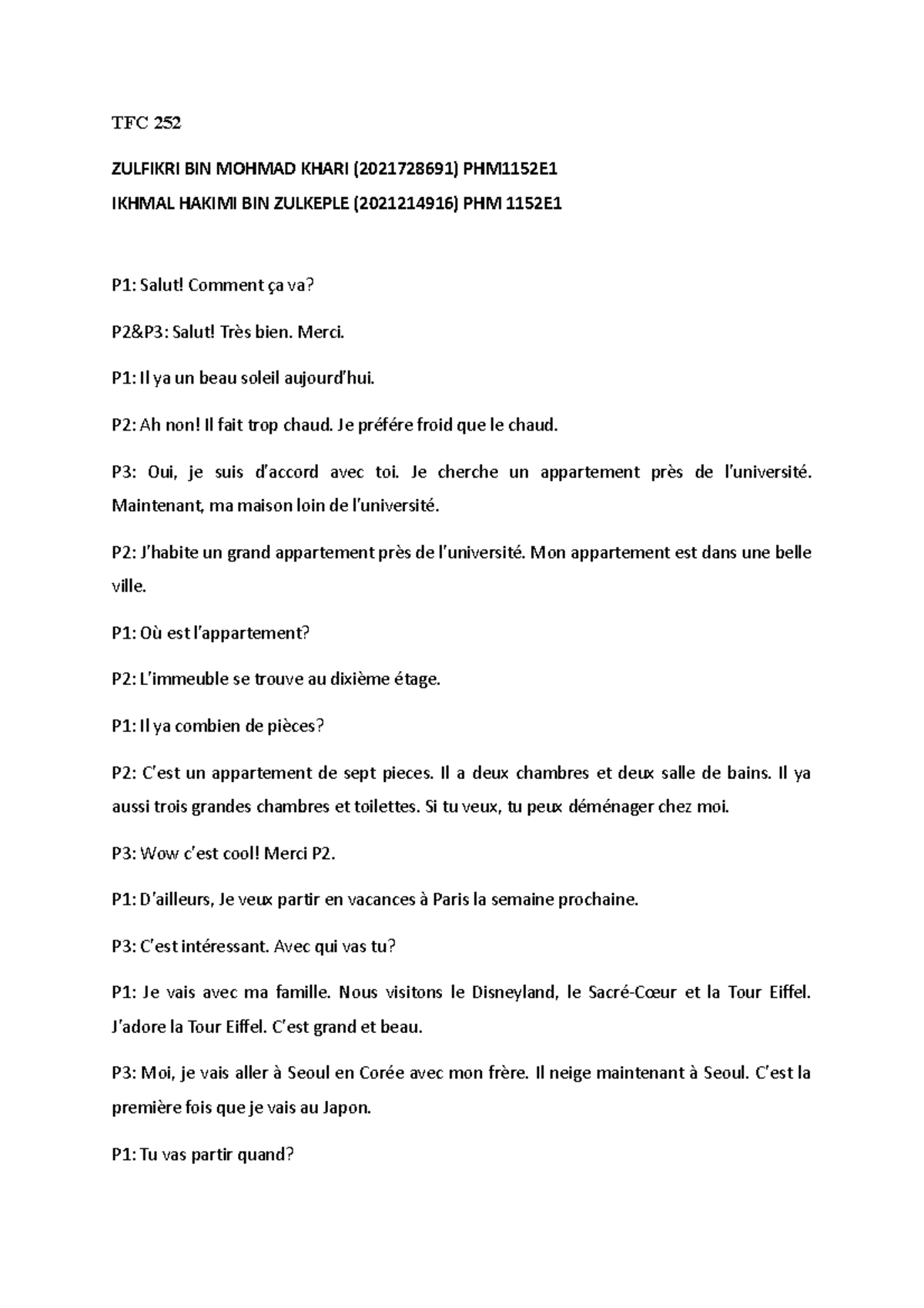 TFC 252 final - tfc202 - TFC 252 ZULFIKRI BIN MOHMAD KHARI (2021728691) PHM1152E IKHMAL HAKIMI ...