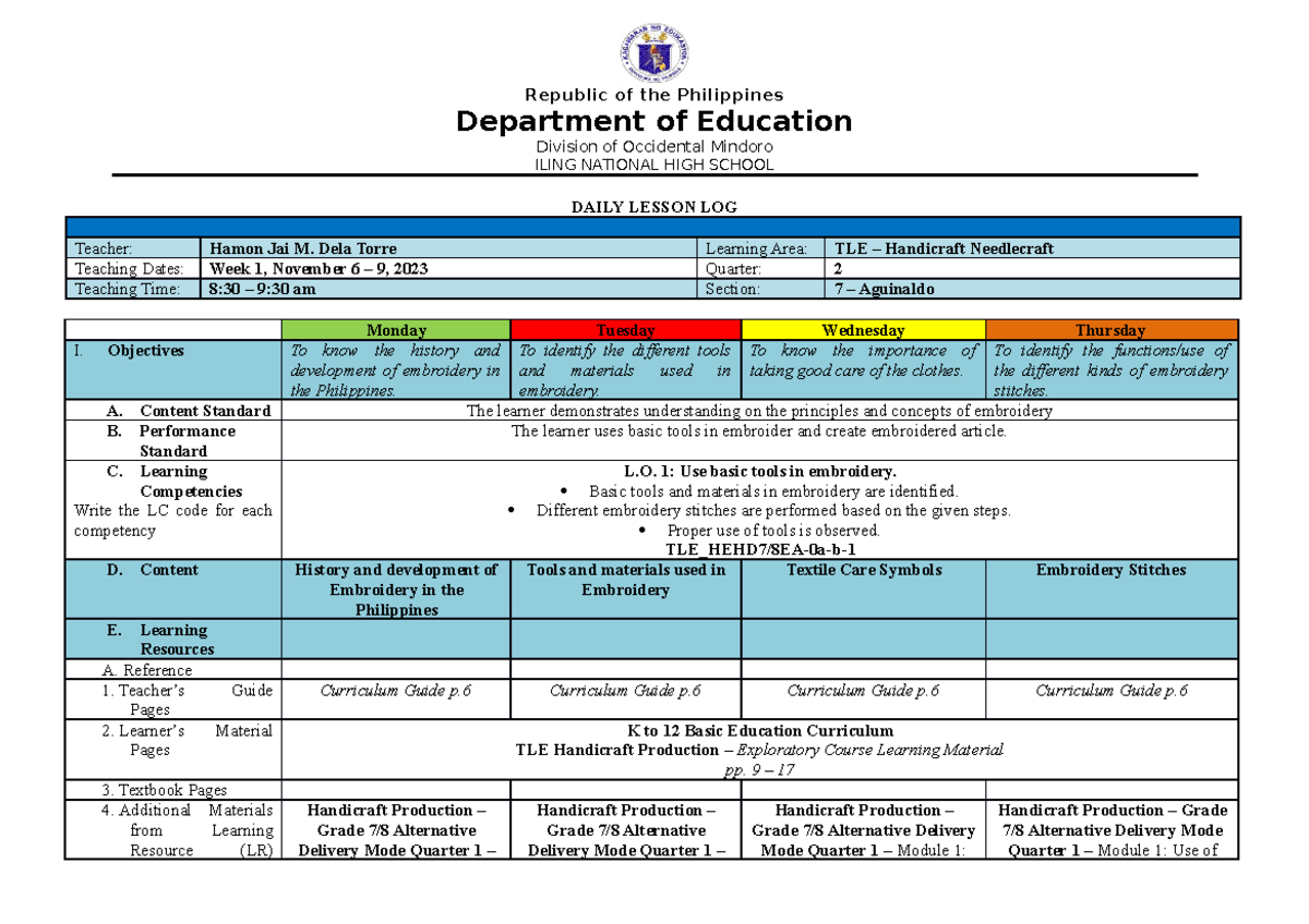 DLL Week 1a - Daily Lesson Log Week 1a for Grade7/8 Commerical Cooking ...