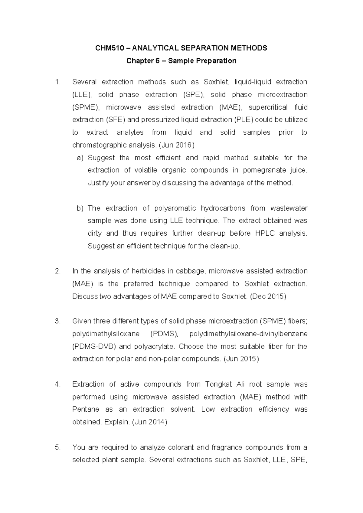 Exercise Chapter 6 - Q - Latihan - CHM510 – ANALYTICAL SEPARATION METHODS Chapter 6 – Sample ...