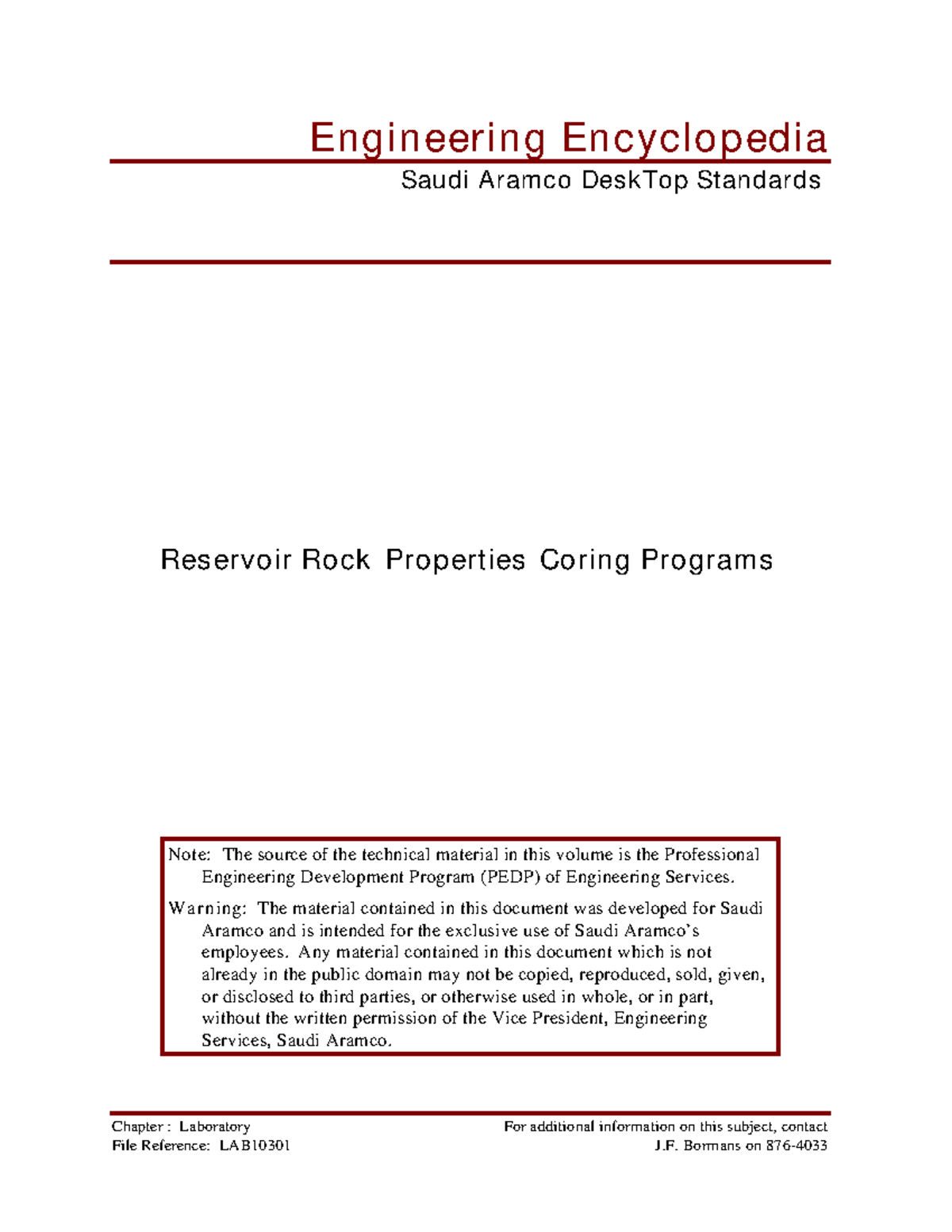 LAB10301 - Reservoir Rock Properties Coring Programs - Note: The source ...