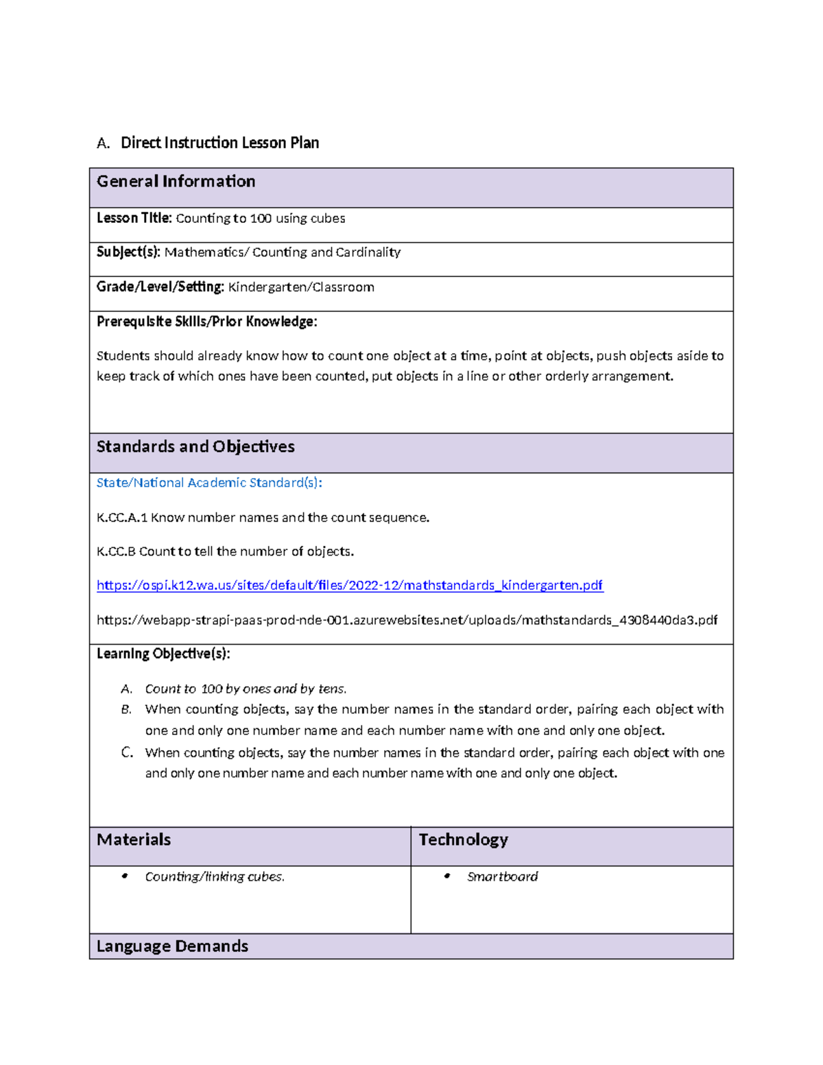 CIA task 2 - A. Direct Instruction Lesson Plan General Information Lesson Title: Counting to 100 ...