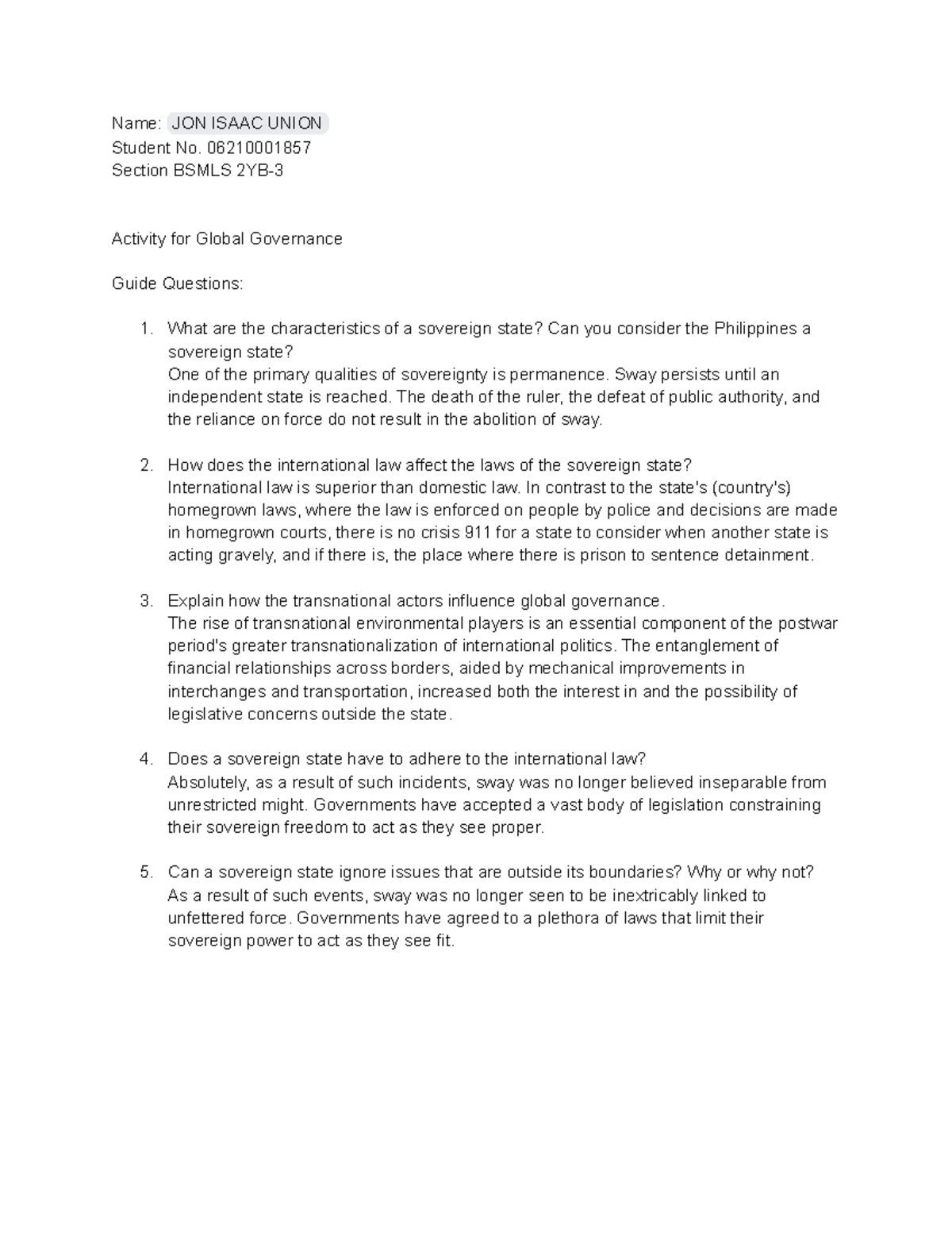 Activity for Global Governance - JON Isaac Union - Name: JON ISAAC ...