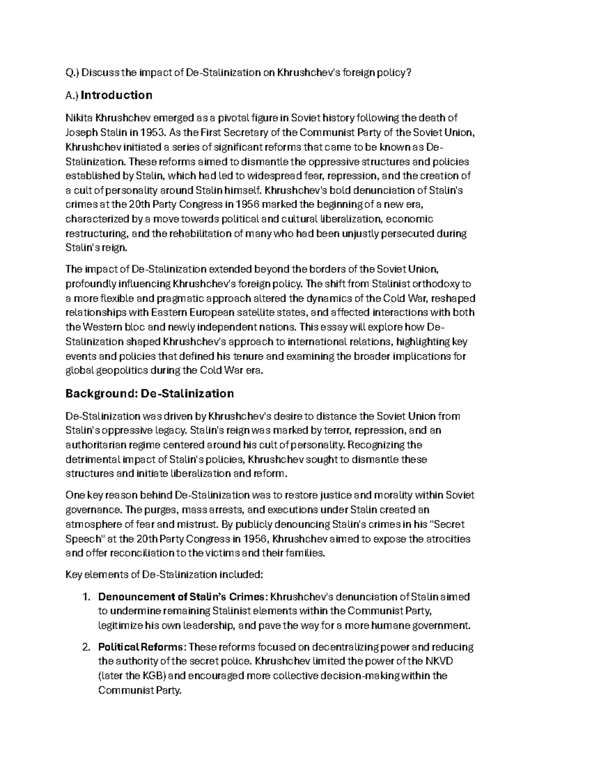 De-Stalinization - Process of de stalinization - Q.) Discuss the impact ...