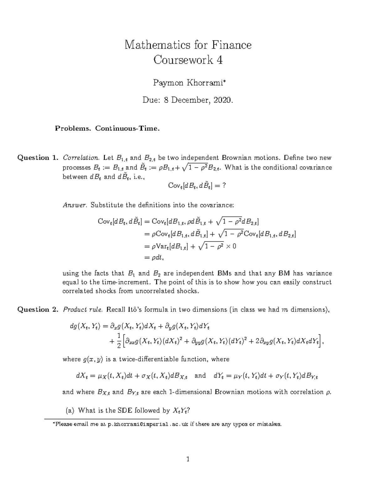 M4F - Course Work #4 - Continuous Time Solutions - Mathematics for ...