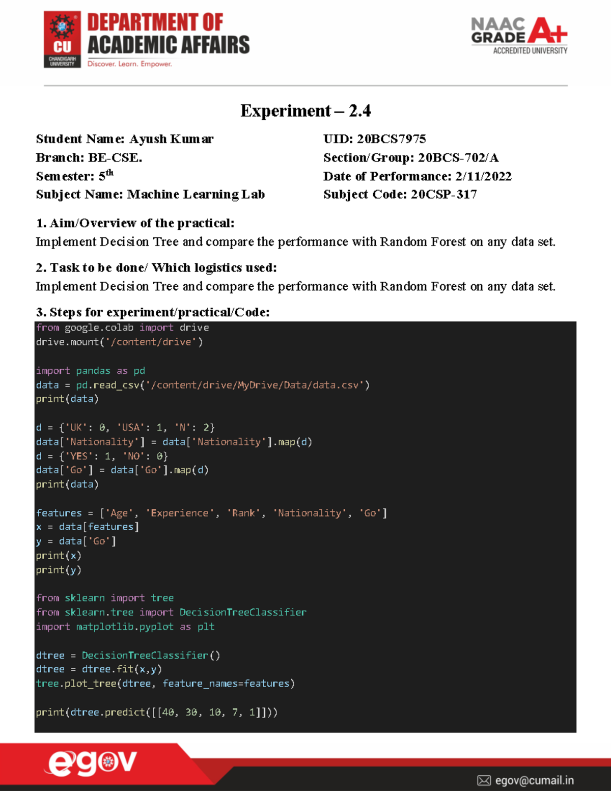 ML Exp-2.4 (20BCS7975) - Experiment – 2. Student Name: Ayush Kumar UID ...