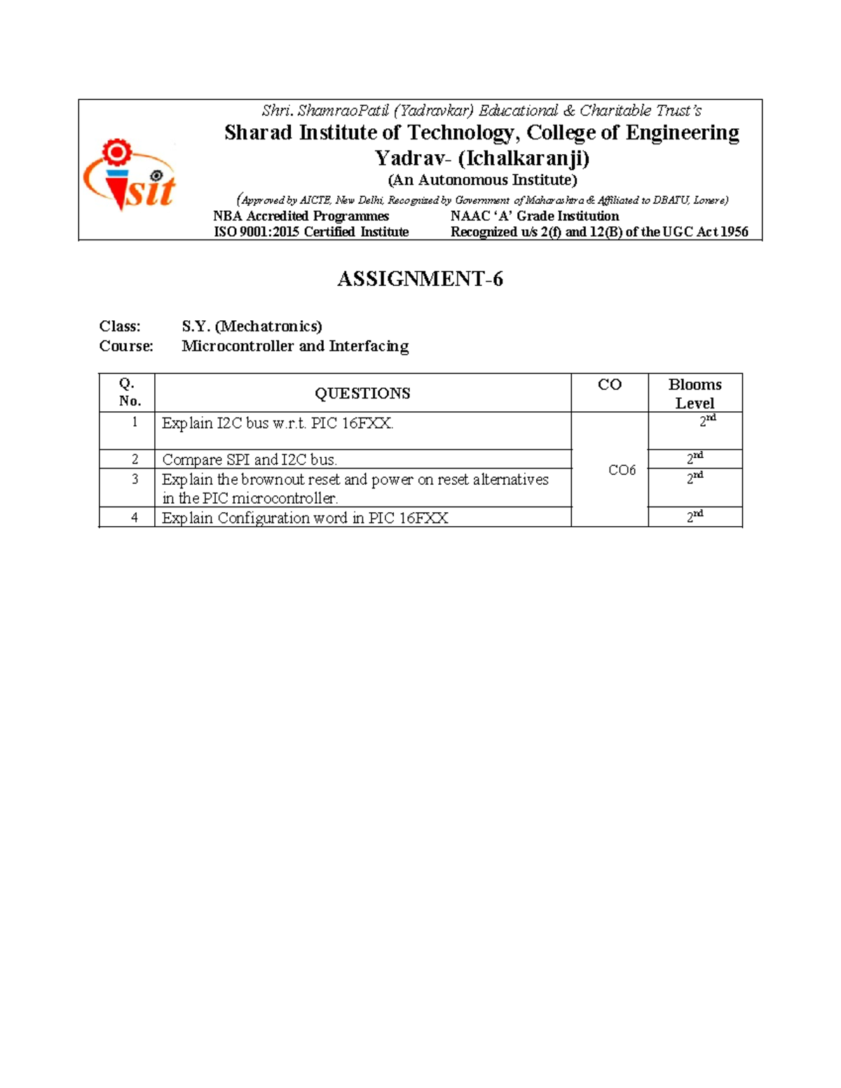 Assignment 6 - Microcontroller & interfacing - Shri. ShamraoPatil (Yadravkar) Educational ...