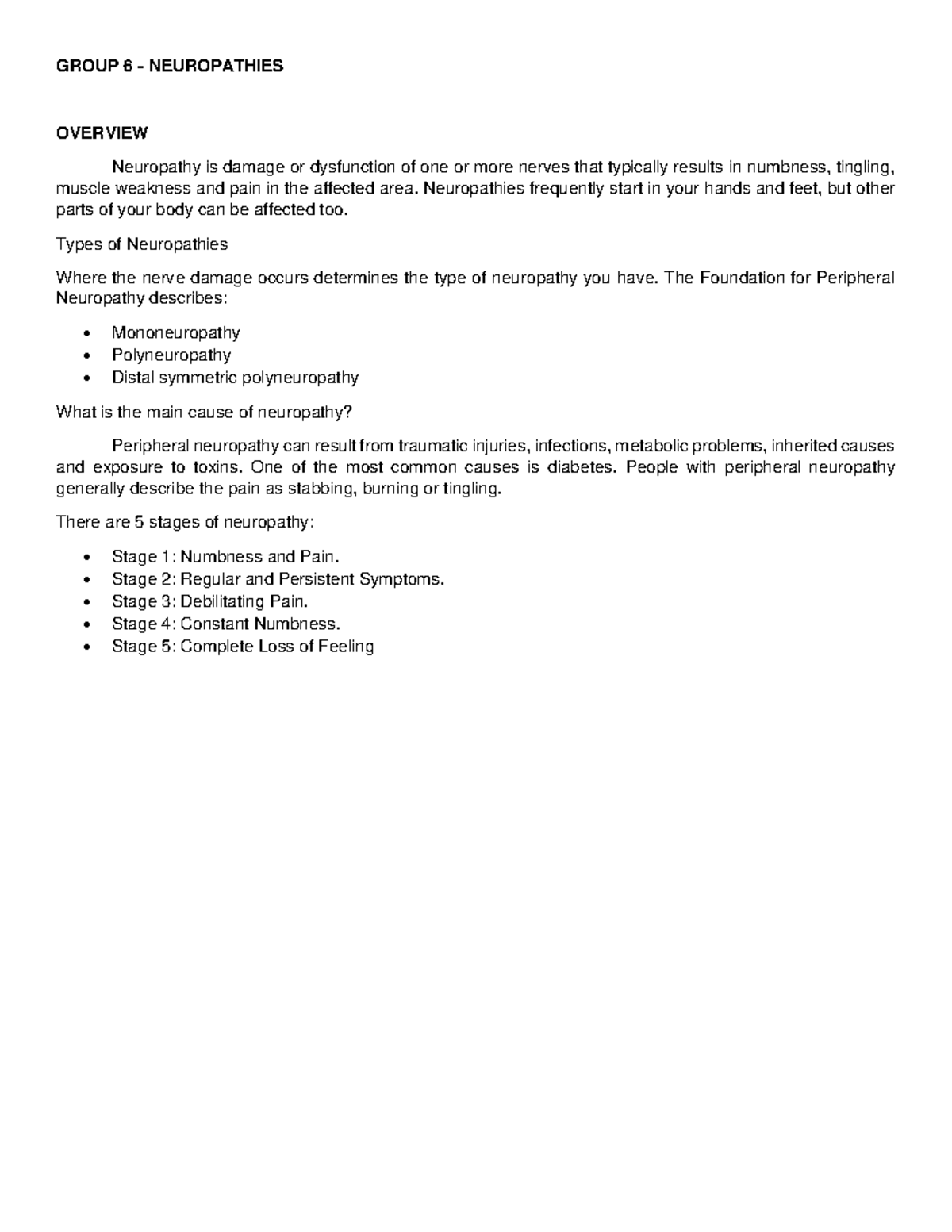 Neuropathies Outline - GROUP 6 - NEUROPATHIES OVERVIEW Neuropathy is ...
