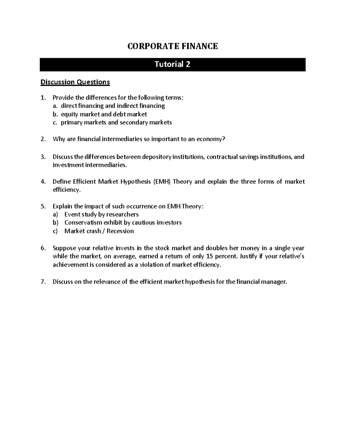 FIN3218 Tutorial 2 Q - CORPORATE FINANCE Tutorial 2 Discussion ...