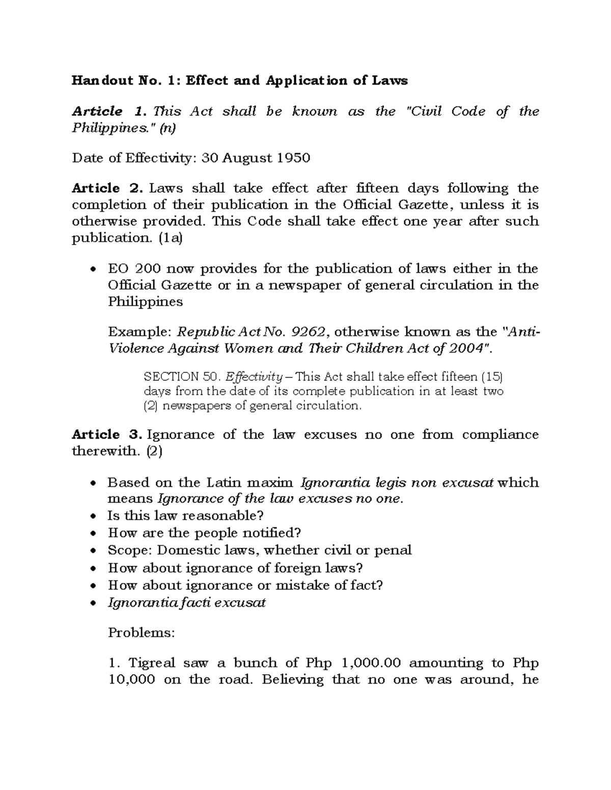 Handout No. 1-Effect and Application of Laws - Handout No. 1: Effect ...