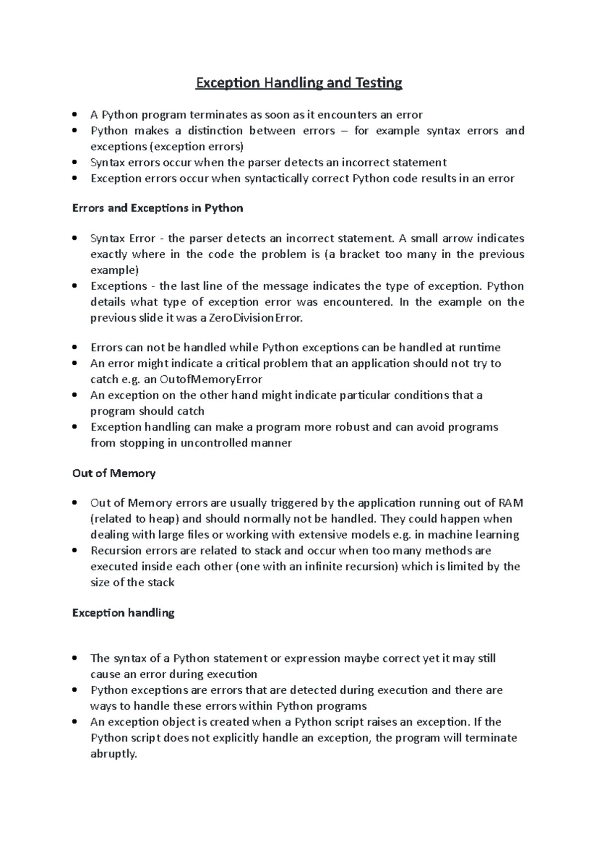 Exception Handling and Testing in Python - Studocu