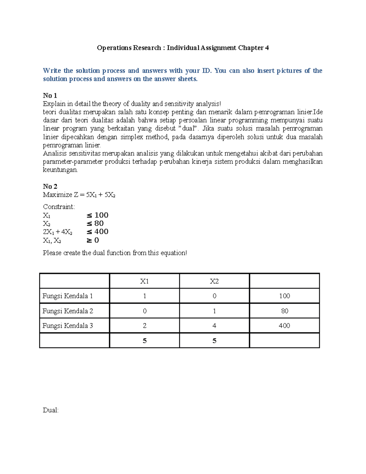 Penelitian operasi chapter 4 - Operations Research : Individual Assignment Chapter 4 Write the ...