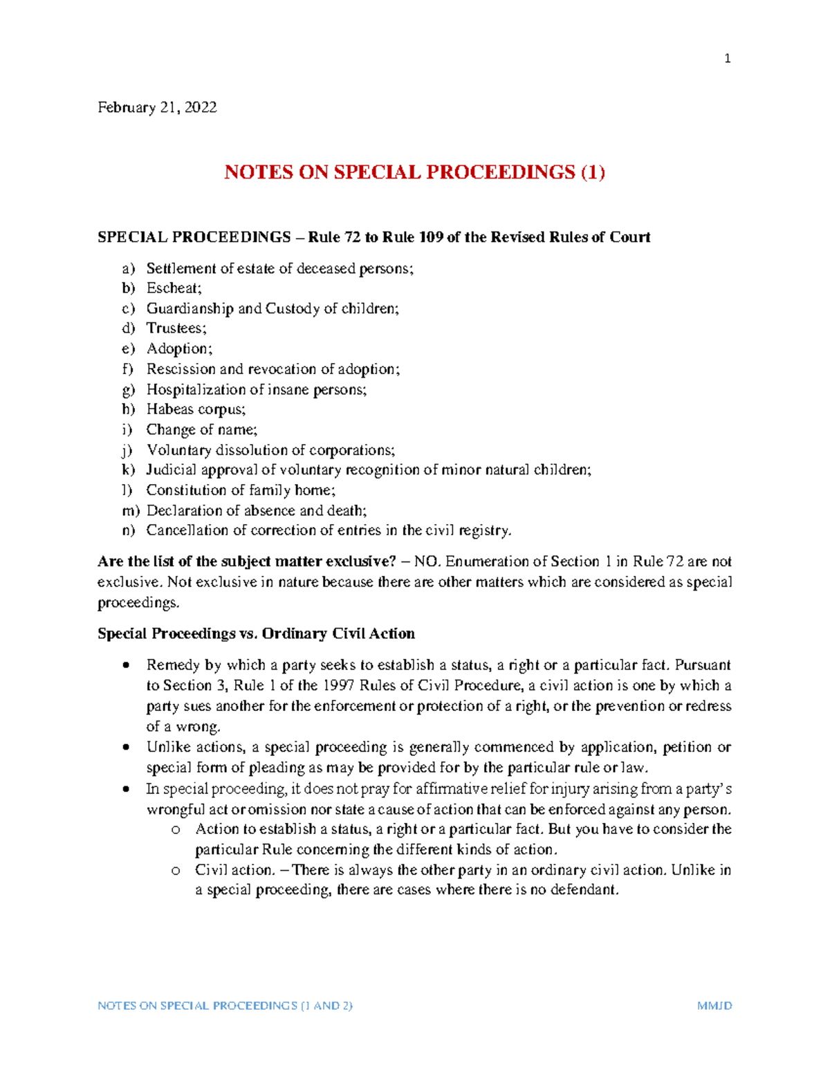 Lecture Notes on Special Proceeding (1 and 2) - February 21, 2022 NOTES ...