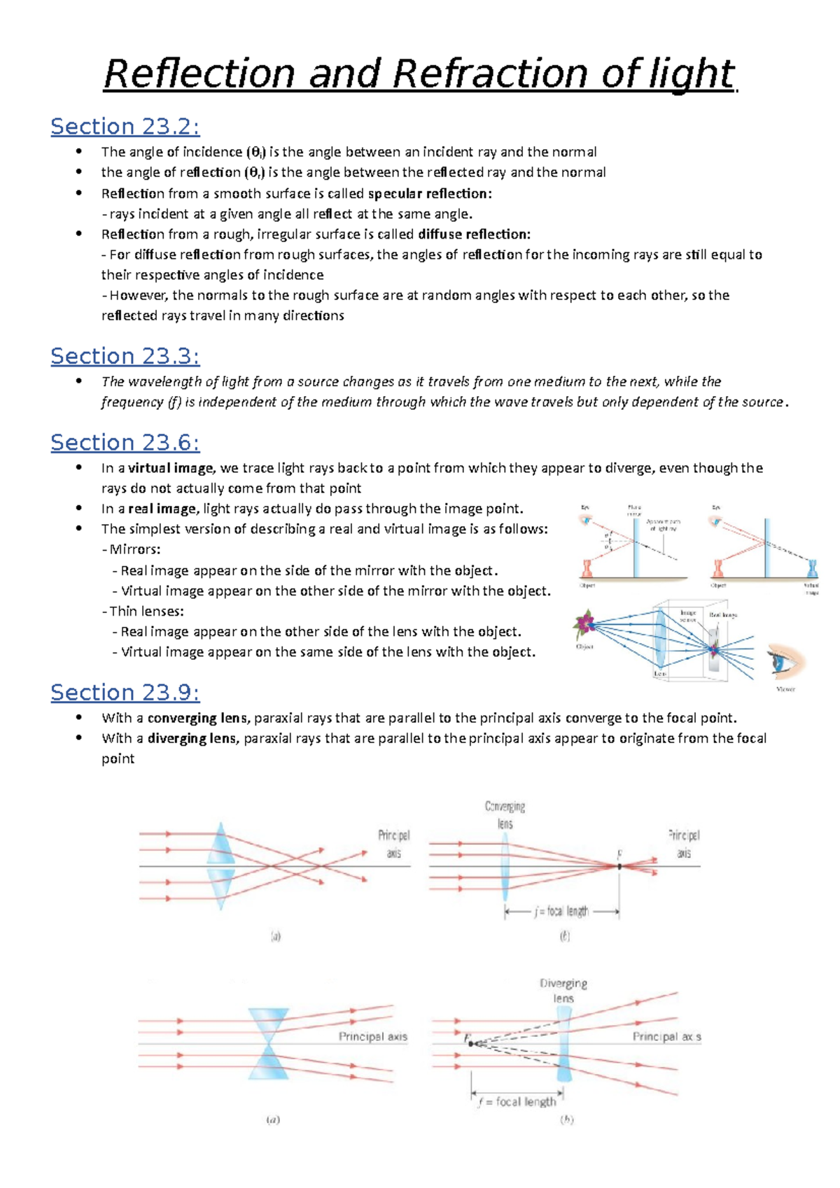 PHY 131 Chapter 22 and 29 Summary - Reflection and Refraction of light ...