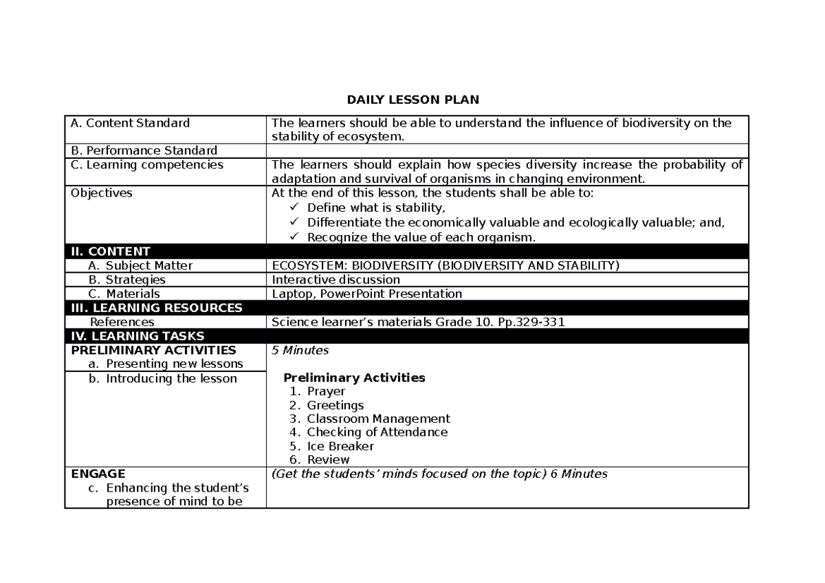 Biodiversity-and-stability - DAILY LESSON PLAN A. Content Standard The ...