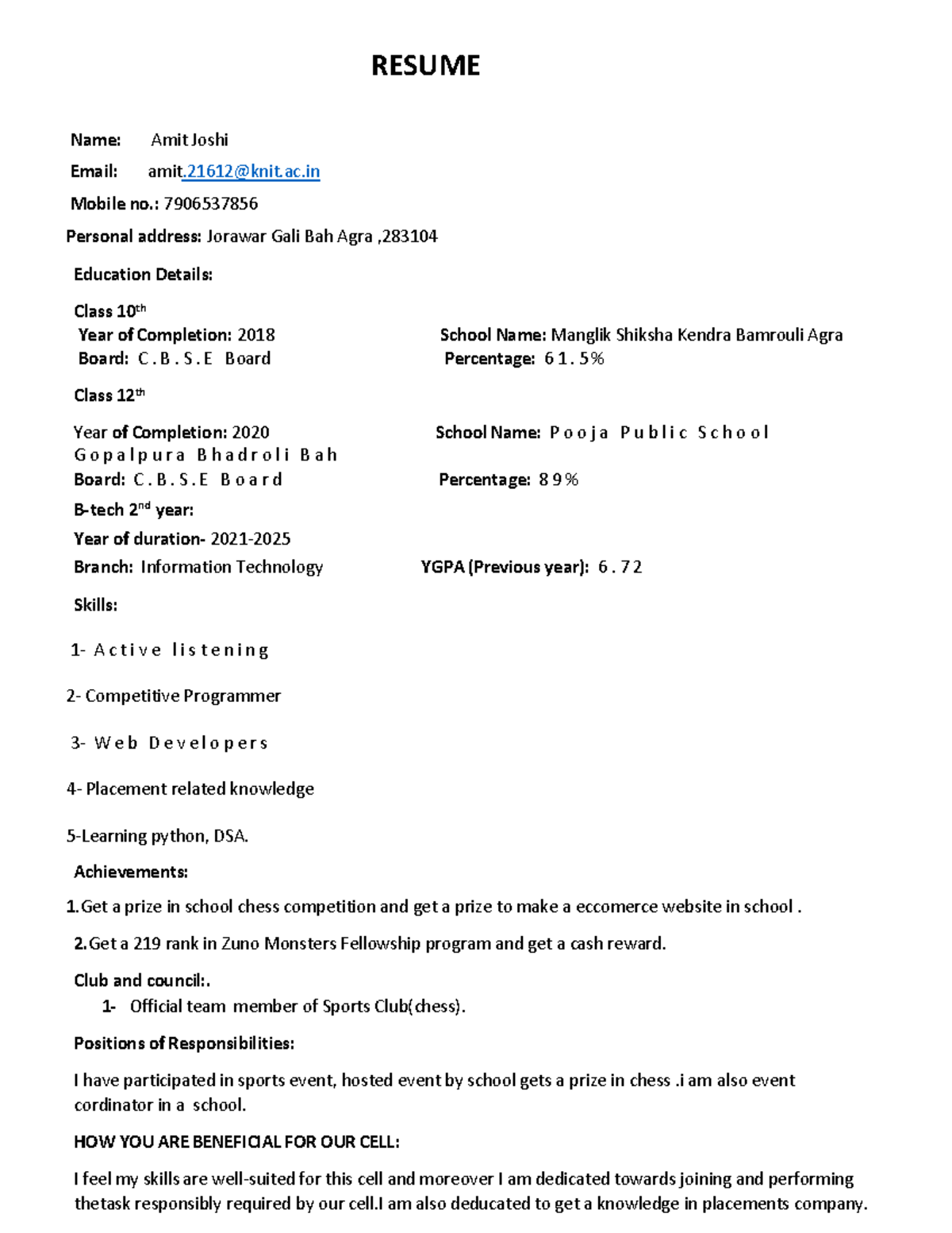 Document (4) 2 - Fin go CK - RESUME Name: Amit Joshi Email: amit@knit.ac Mobile no.: 7906537856 ...