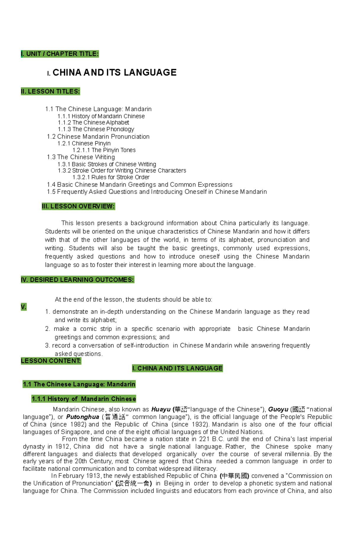 Lecture China AND ITS Language - I. UNIT / CHAPTER TITLE: I. CHINA AND ...