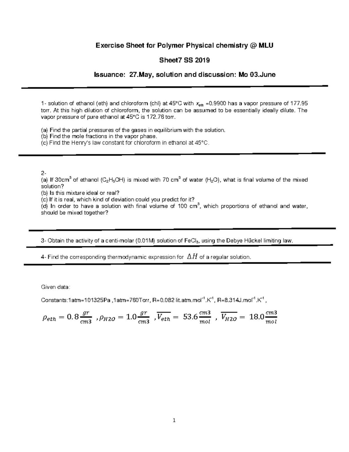 Excercise sheet 8_Physical Chemistry - Exercise Sheet for Polymer ...