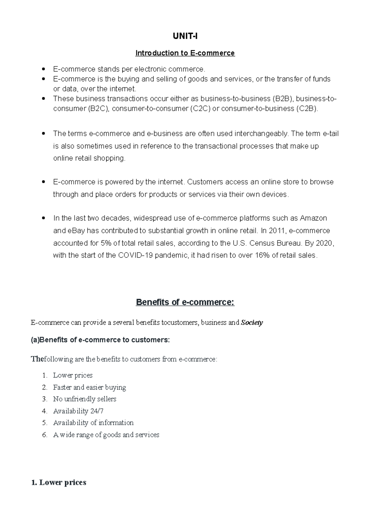 E- Commerce UNIT-1 - UNIT-I Introduction to E-commerce E-commerce stands per electronic commerce ...