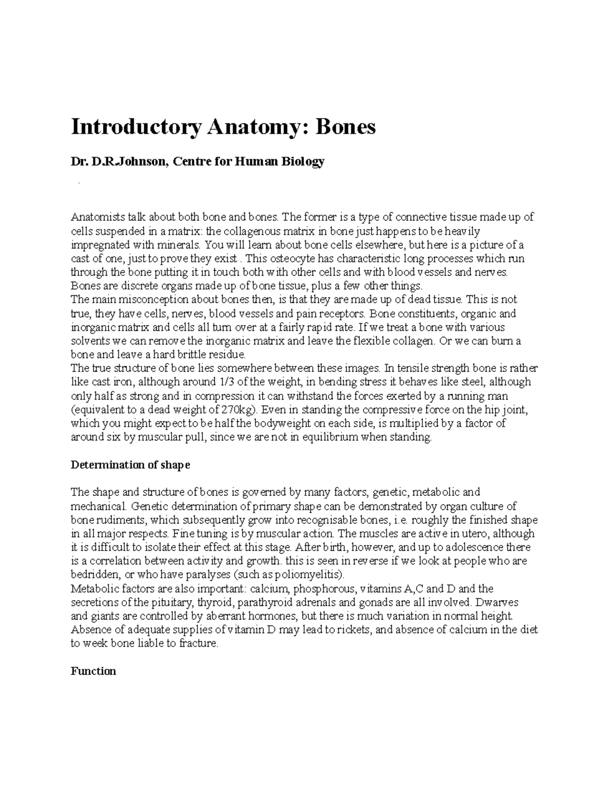 Bones - Lecture notes 3 - Introductory Anatomy: Bones Dr. D.R, Centre ...