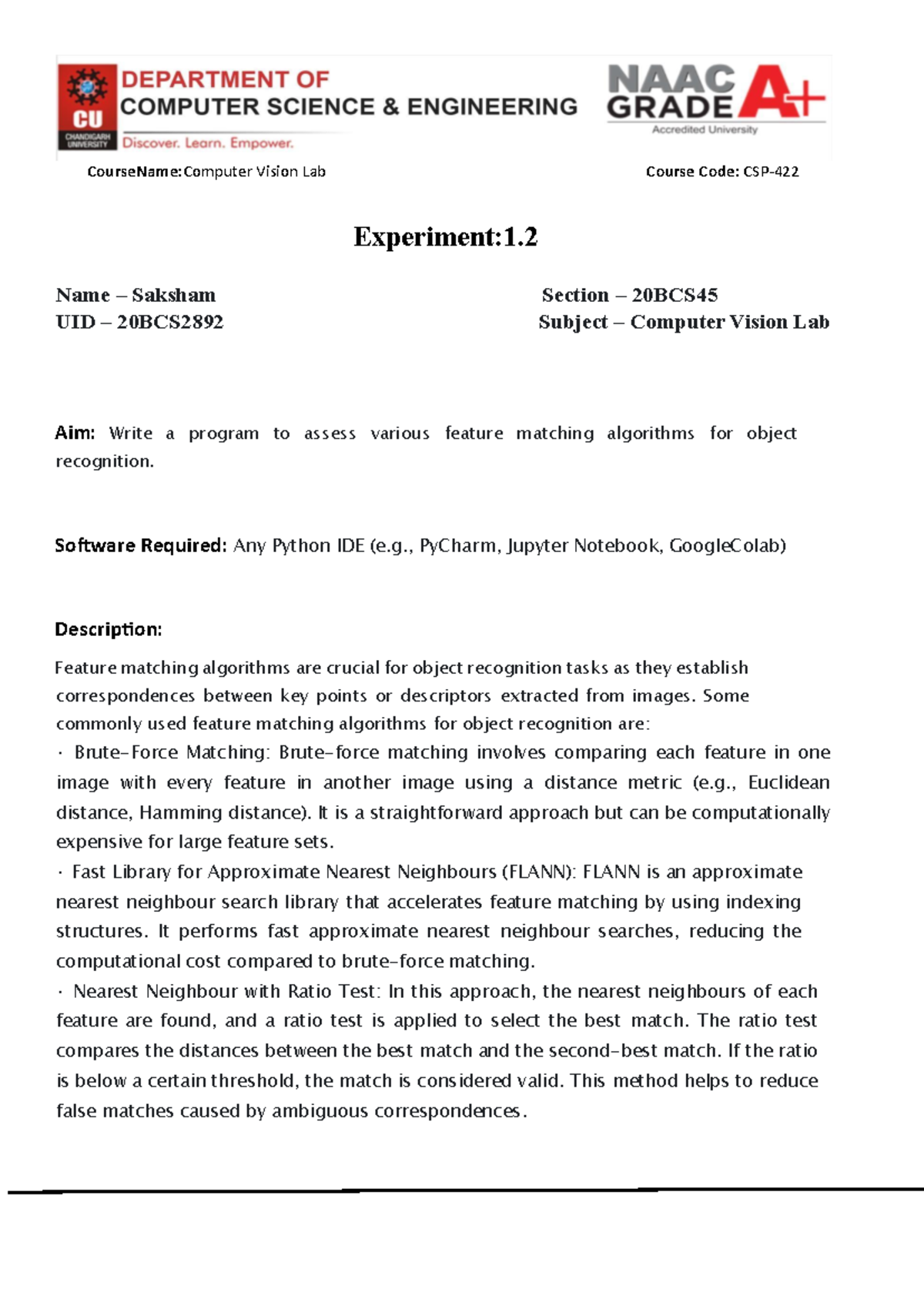 Exp 2 - Experiment 2 worksheet computer vision lab chandigarh ...