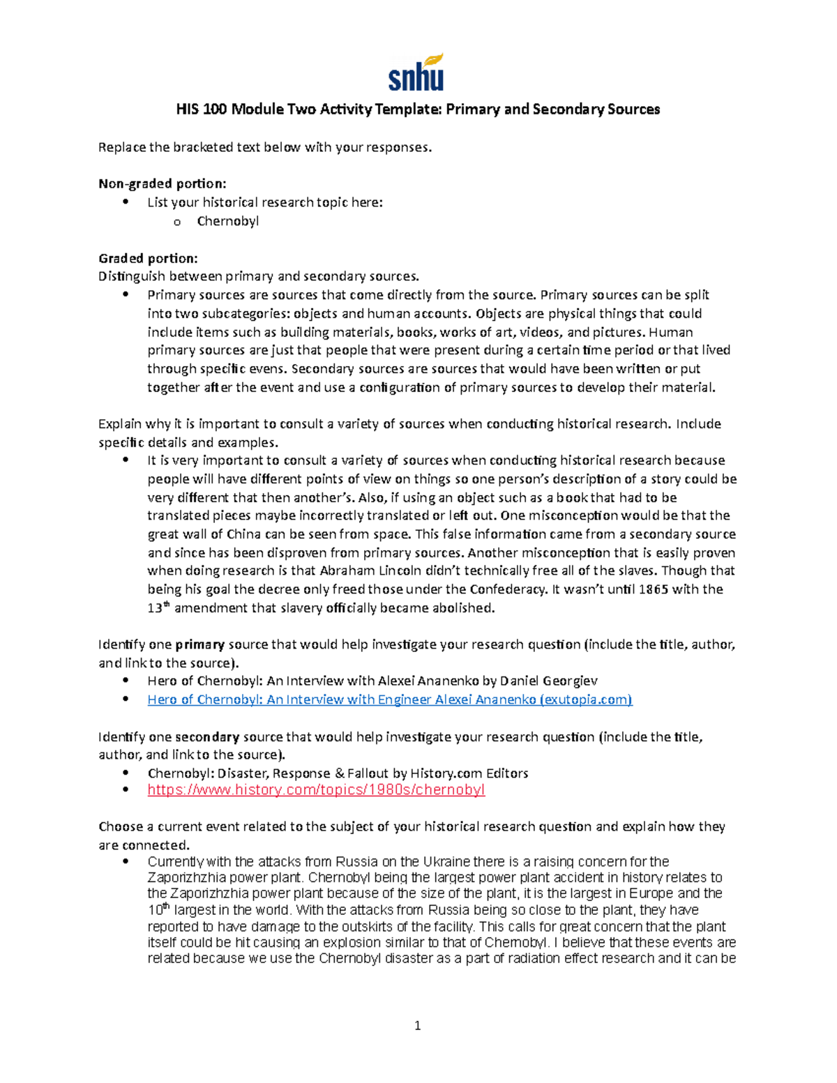 Module 2 activity two - HIS 100 Module Two Activity Template: Primary and Secondary Sources ...