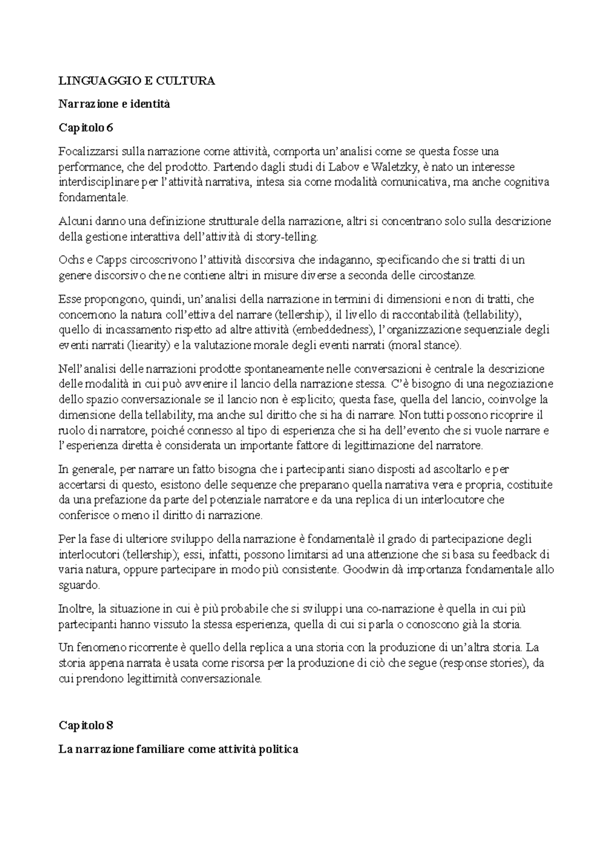 Linguaggio E Cultura - Riassunto dispense fornite da docente ...