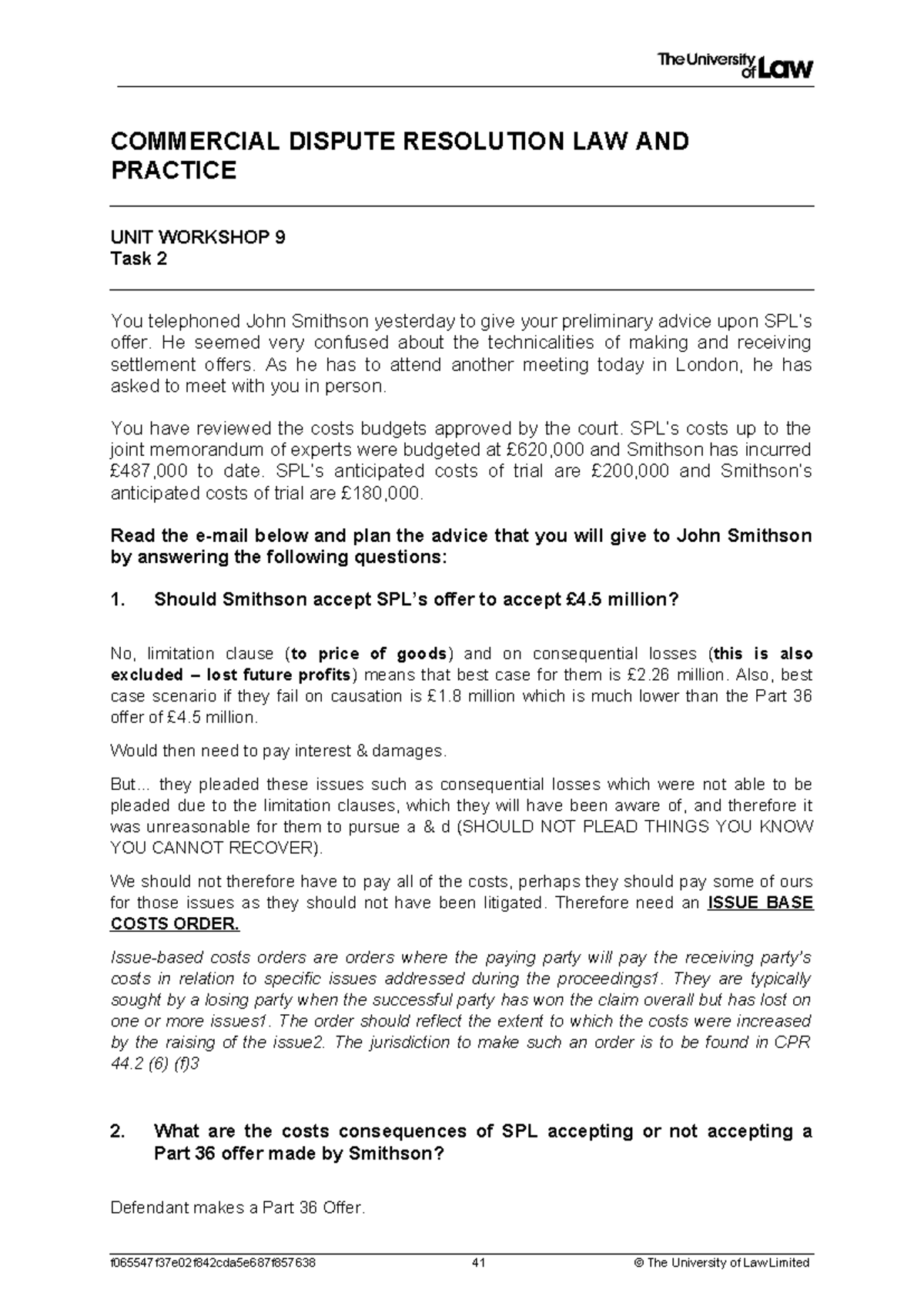 Workshop 9 - task 2 - COMMERCIAL DISPUTE RESOLUTION LAW AND PRACTICE ...