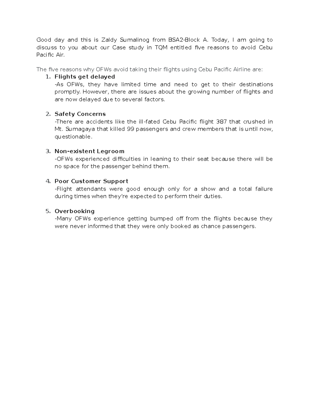 Script - Case Study #2 FIVE Reasons TO Avoid CEBU Pacific AIR - Good ...