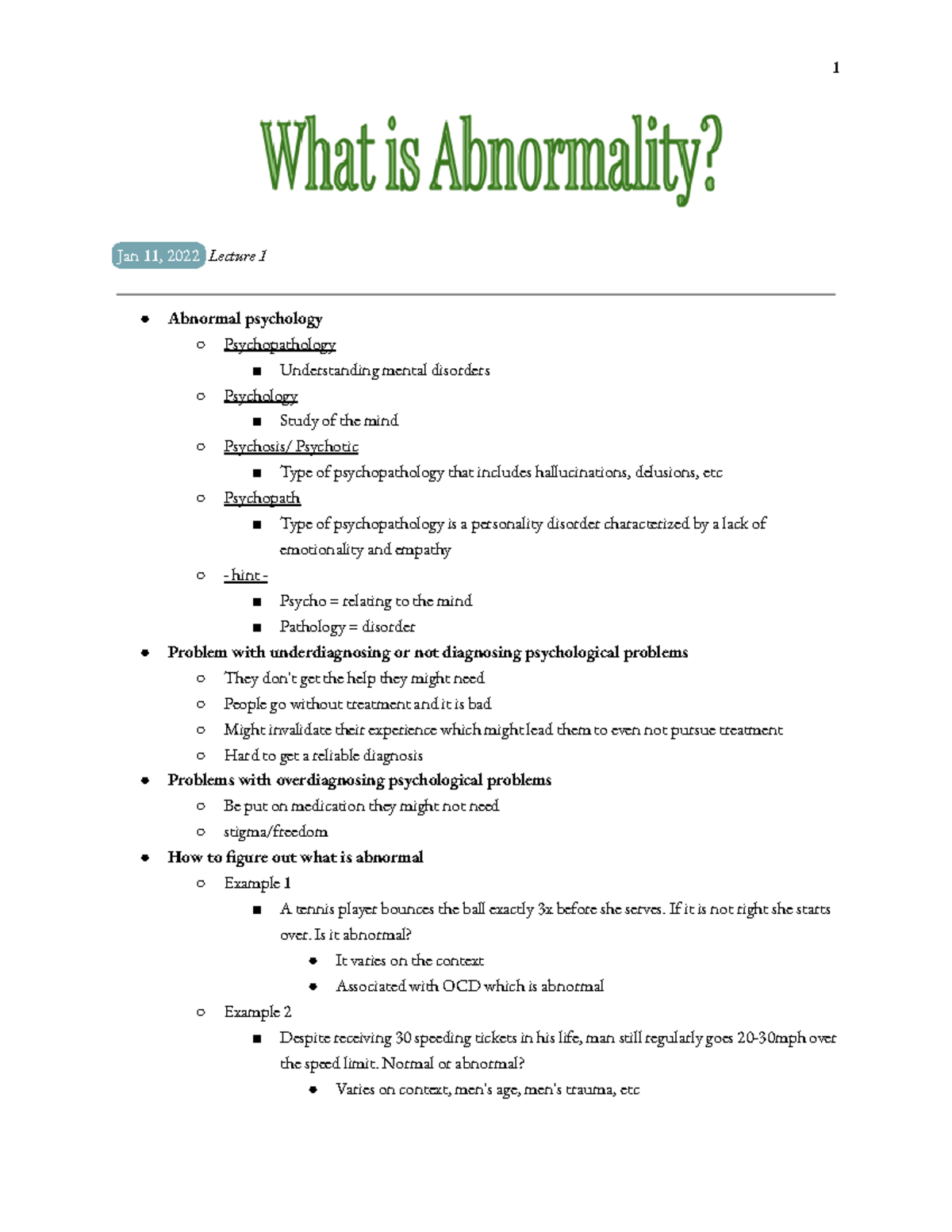 Abnormal Psych notes spring 22 - Jan 11, 2022 Lecture 1 Abnormal ...