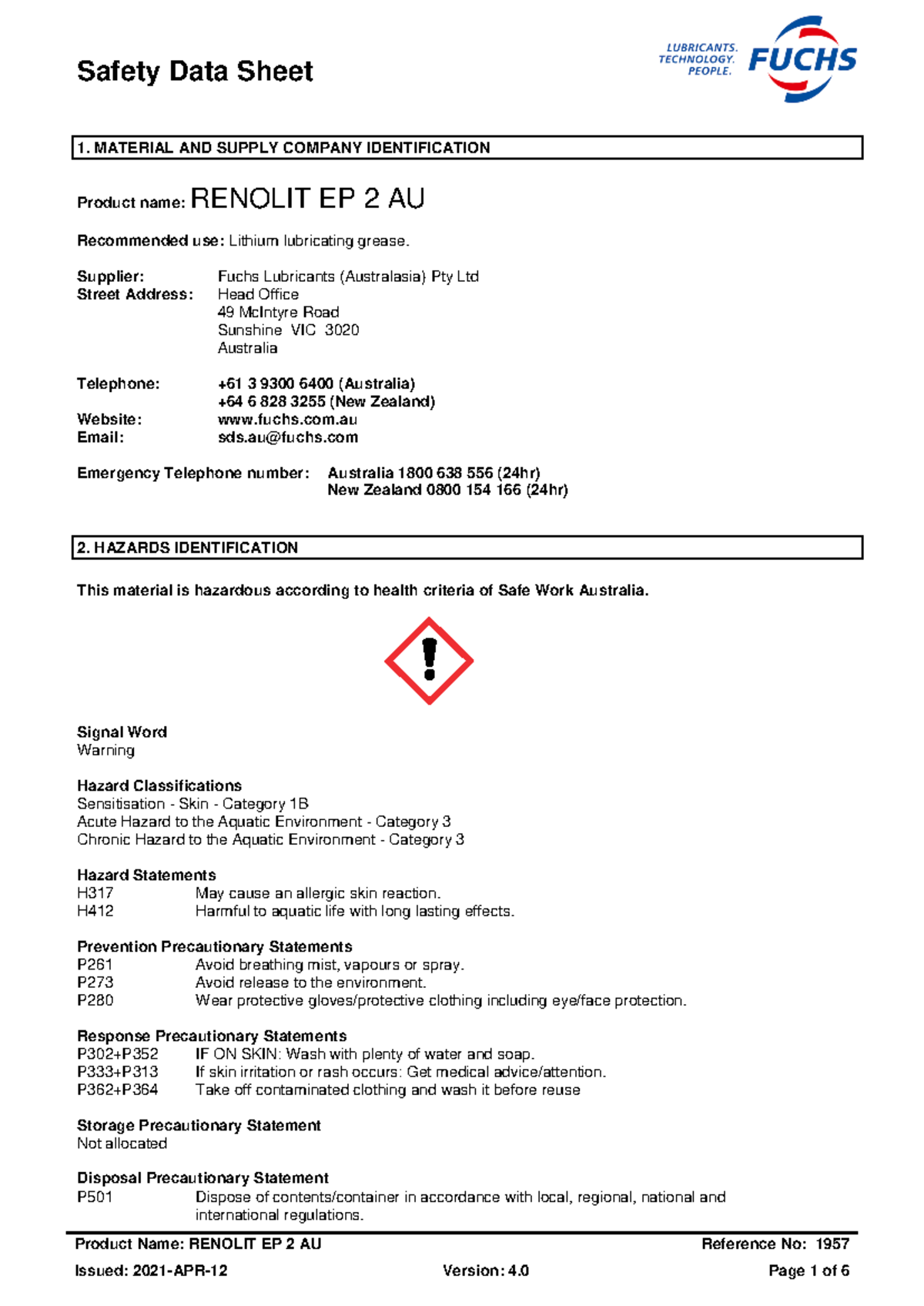 Renolit EP 2 AU-SDS - Product Name: RENOLIT EP 2 AU Reference No: 1957 ...
