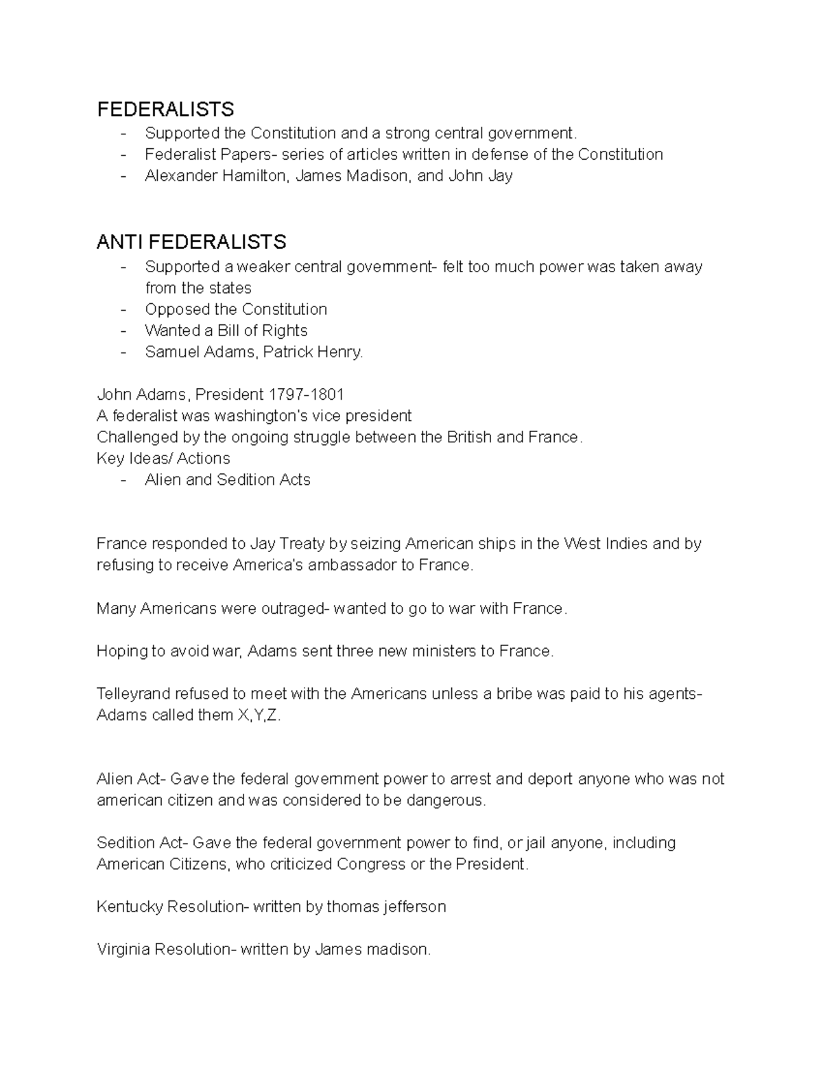 Social Studies Notes - FEDERALISTS Supported the Constitution and a ...