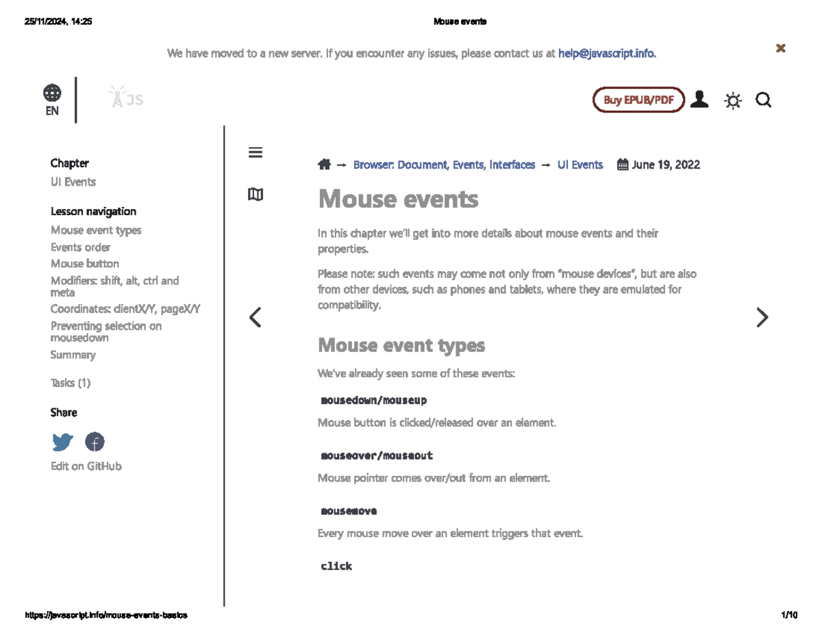 JS - mouse events - 14:25 Mouse events We have moved to a new server. If you encounter any ...